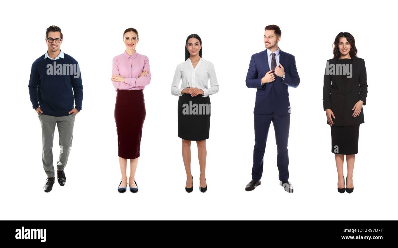 Collage with full length portraits of men and women on white background ...