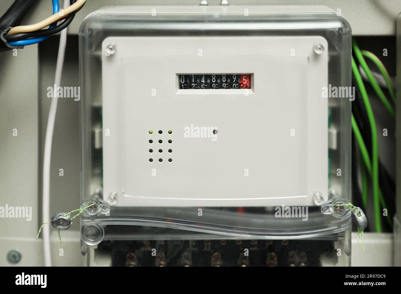 Electric meter and wires in fuse box, closeup Stock Photo - Alamy