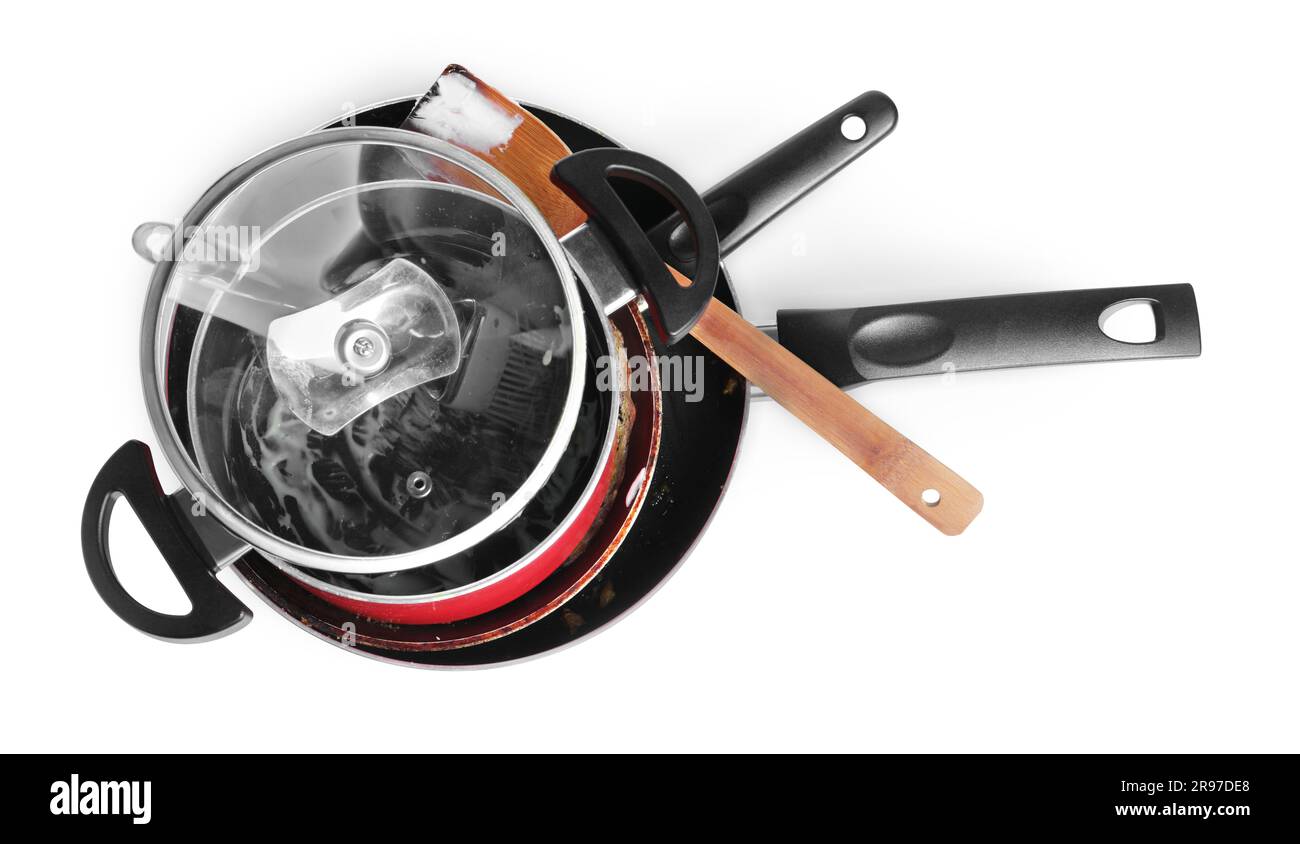 Stack of dirty dishes on white background, top view Stock Photo - Alamy