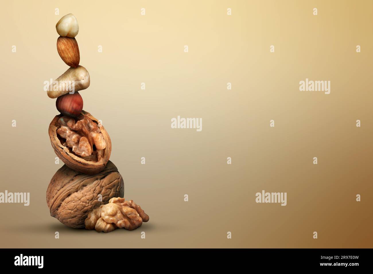 Stacked different nuts on light brown gradient background, space for ...
