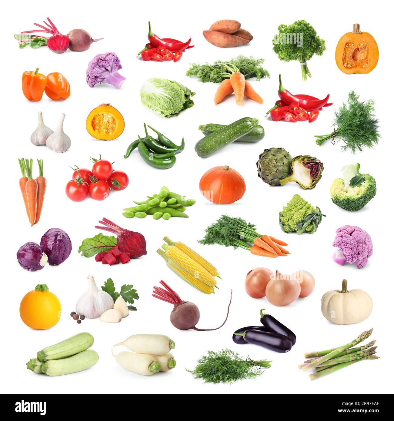Collage with many fresh vegetables on white background Stock Photo - Alamy