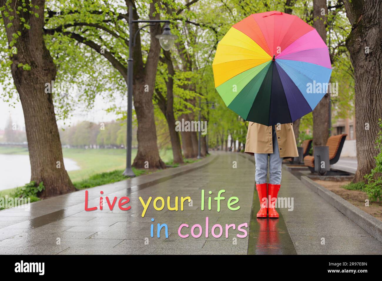 Live your life in colors, affirmation. Woman with rainbow umbrella ...