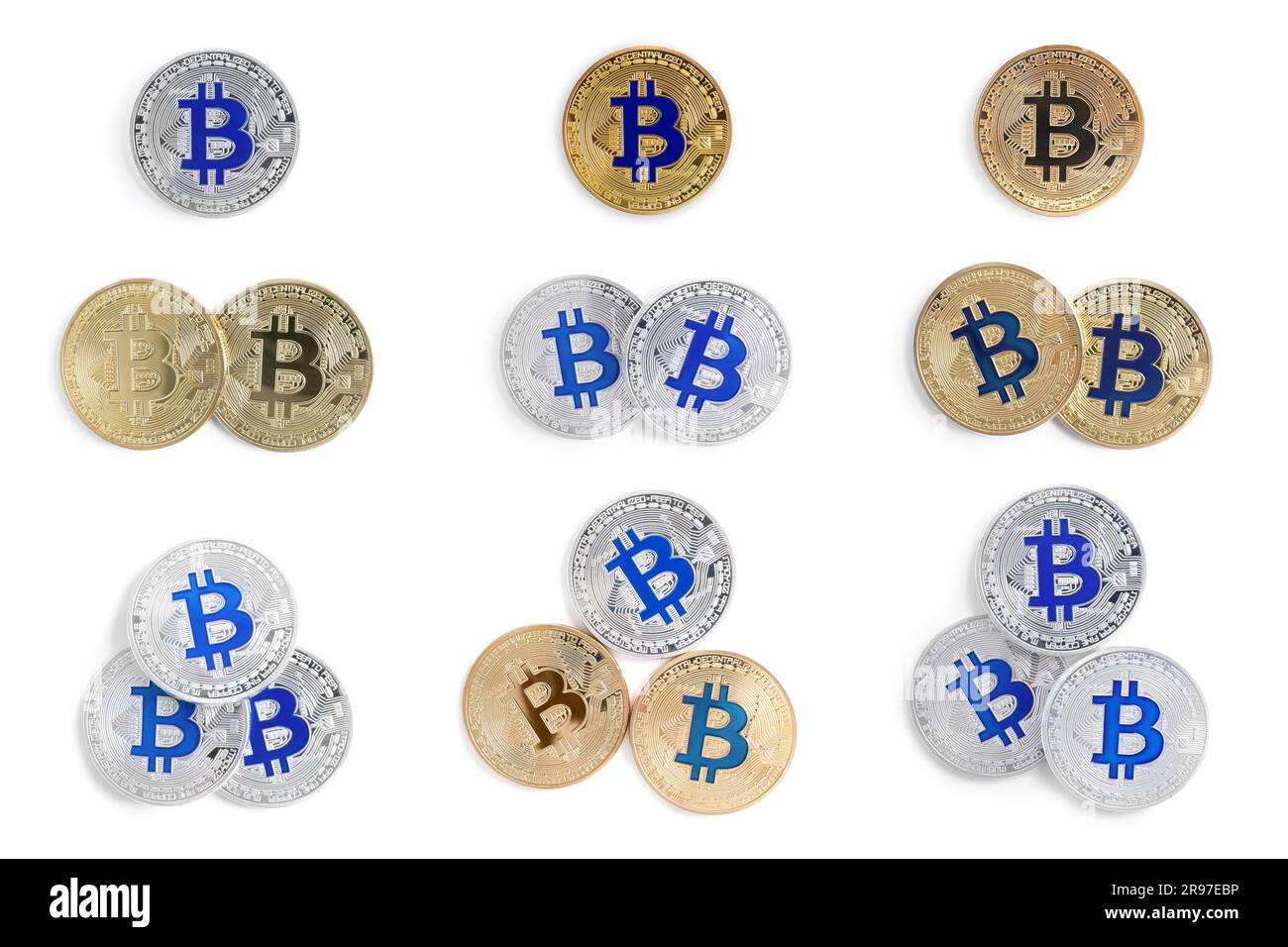 Collage with different bitcoins on white background, top view Stock ...