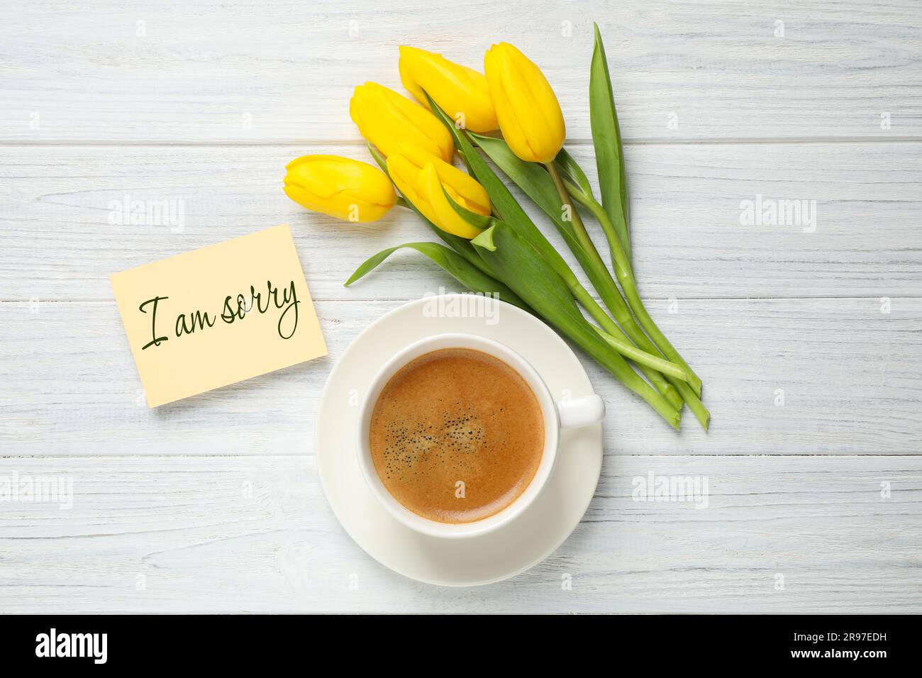 Card with phrase I Am Sorry, bouquet of tulips and coffee on white ...