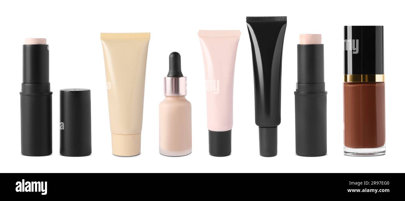 Collage with different skin foundation on white background Stock Photo ...