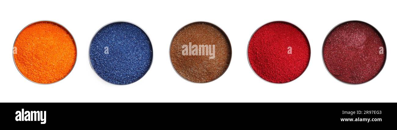 Many different powdered food coloring isolated on white, top view Stock ...