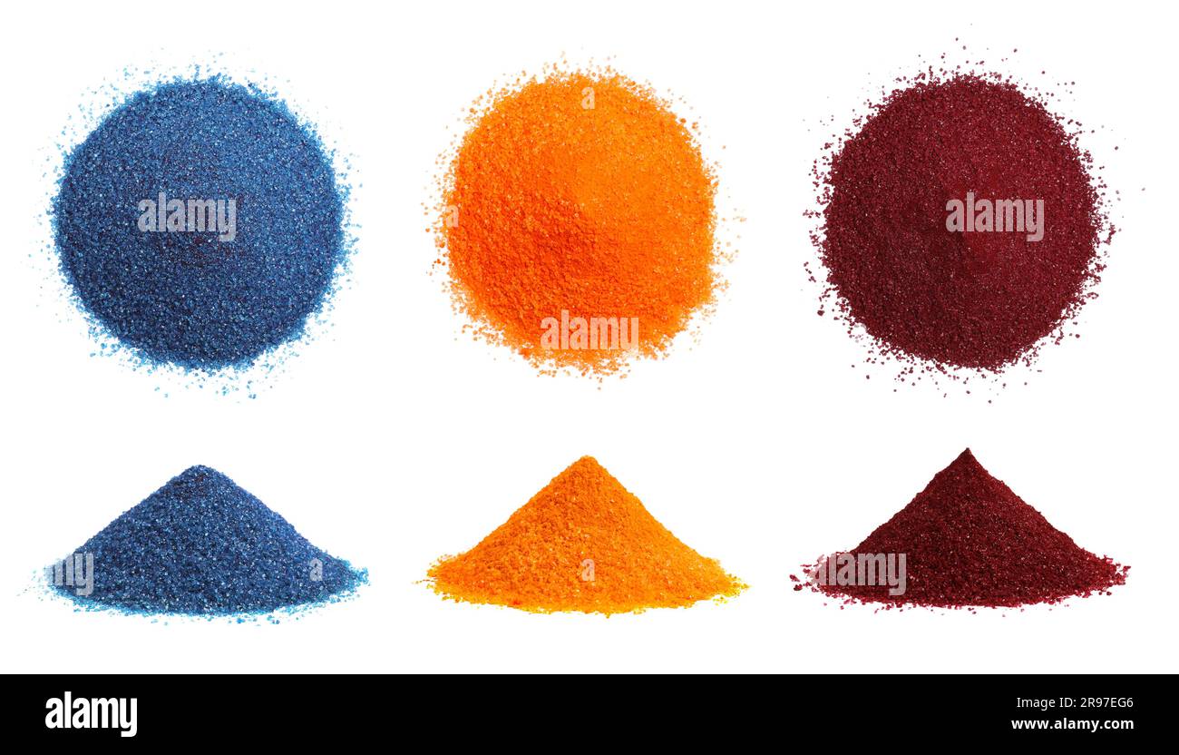 Collage of different powdered food coloring isolated on white, top and ...