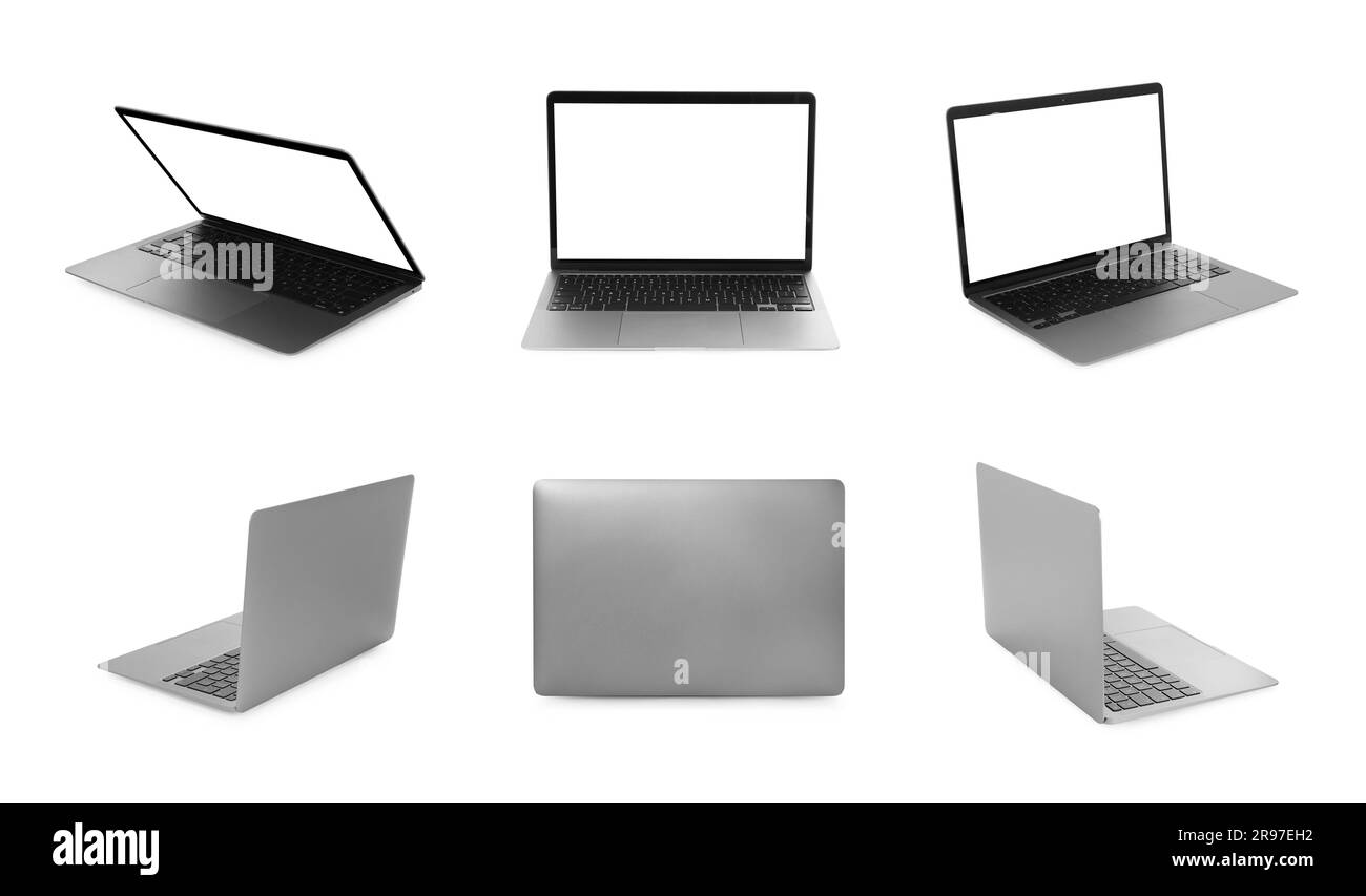 Collage with modern laptop isolated on white, different sides Stock ...
