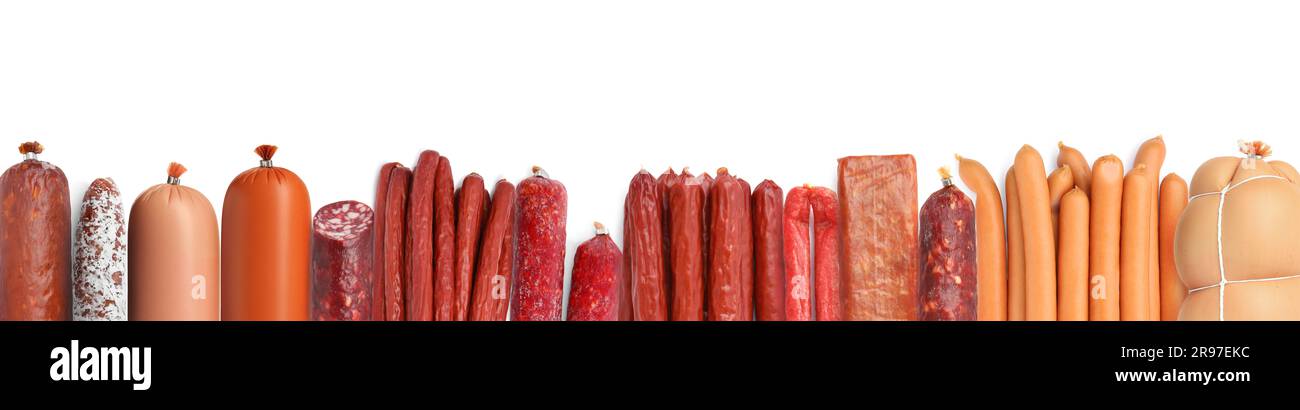 Many different tasty sausages on white background, top view. Banner ...