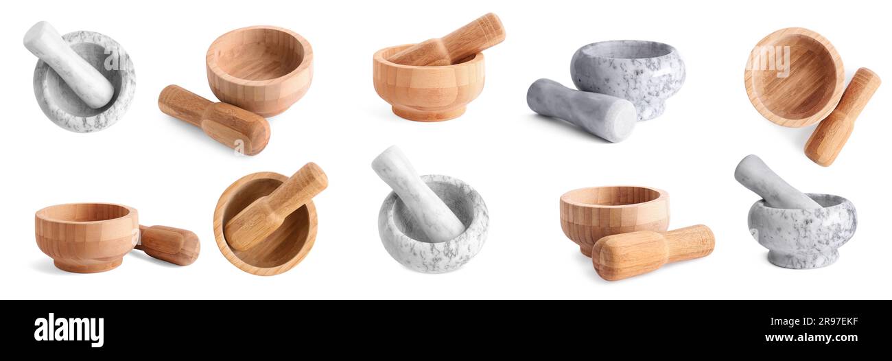 Set of wooden and stone mortars on white background Stock Photo - Alamy