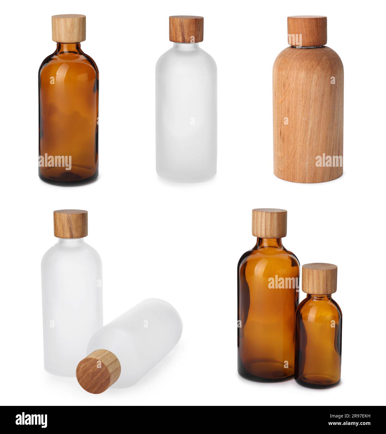 Collage with different bottles isolated on white Stock Photo - Alamy