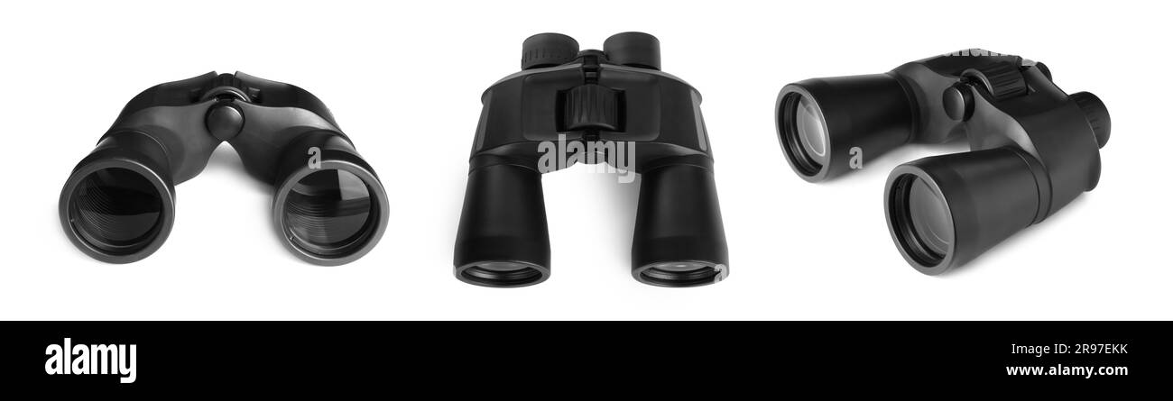 Collage with black binoculars on white background, different sides ...