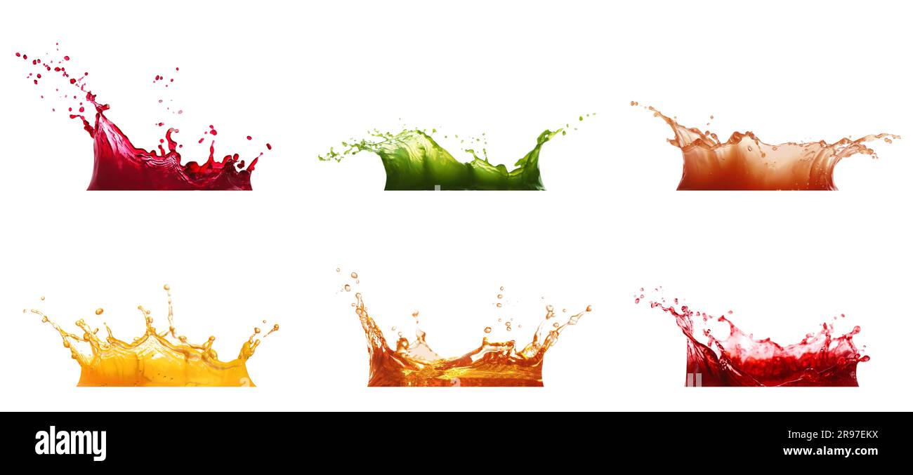 Splashing different fresh juices isolated on white, collage design ...