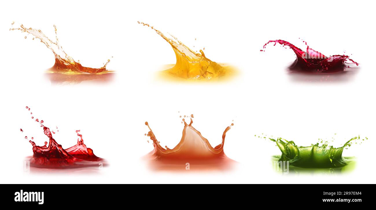 Splashing different fresh juices isolated on white, collage design ...