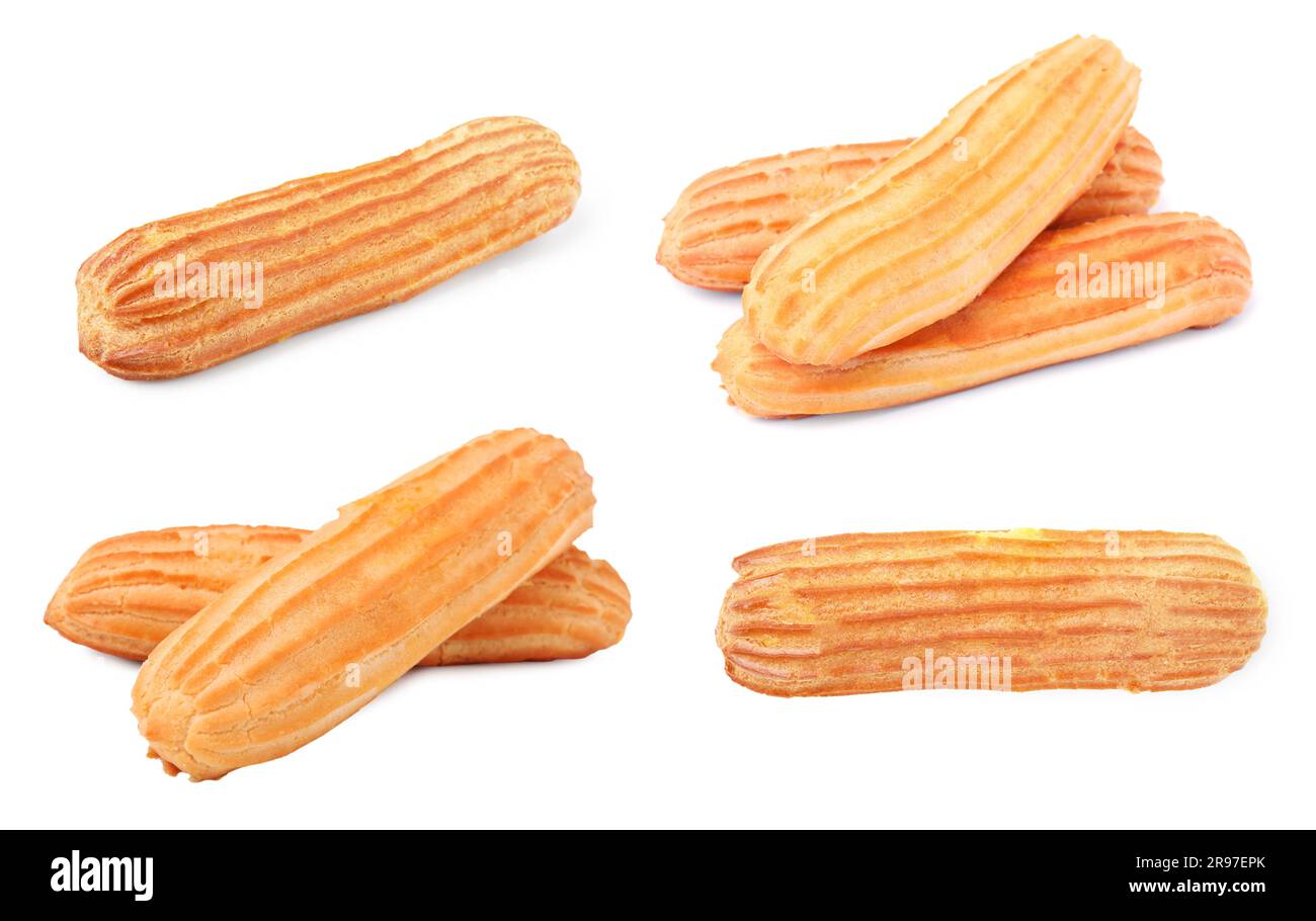 Collage with tasty eclairs on white background Stock Photo - Alamy