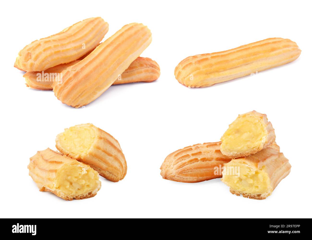 Collage with tasty eclairs on white background Stock Photo - Alamy