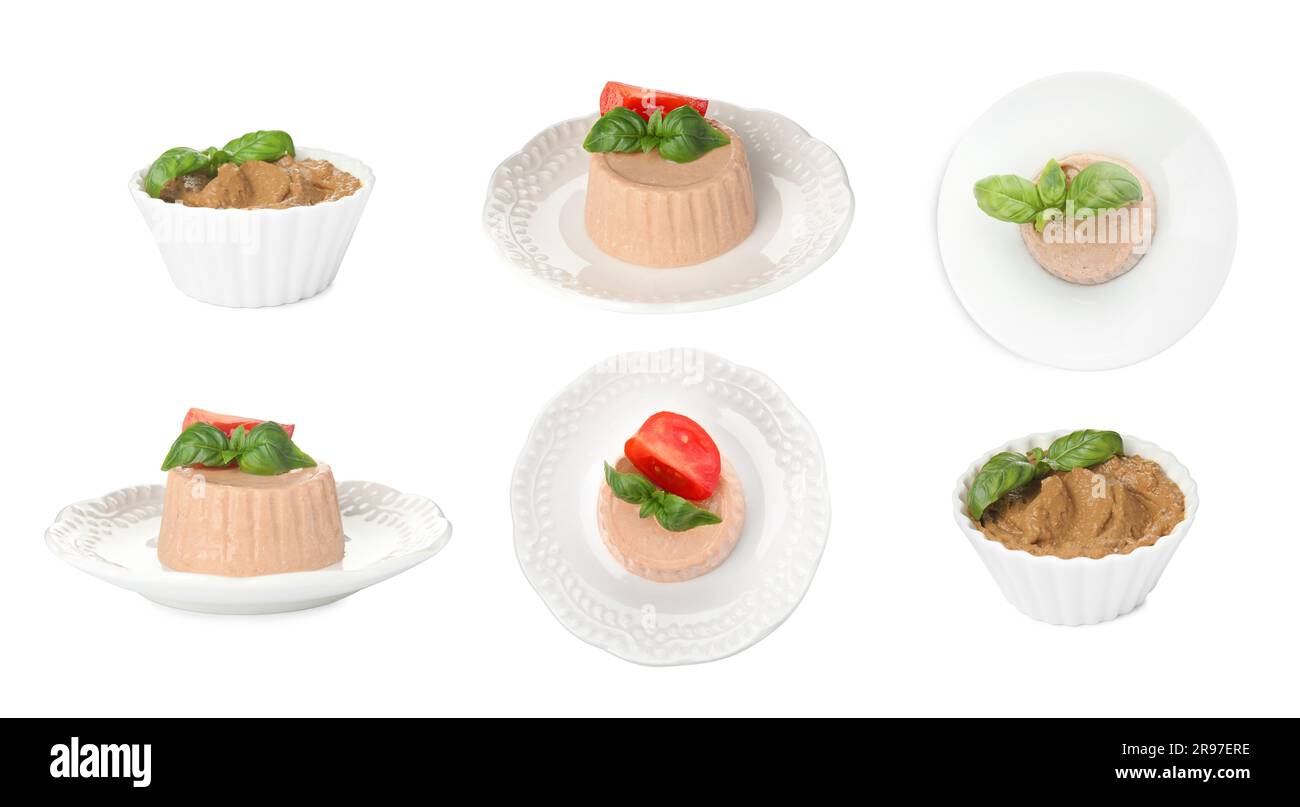 Collage with different tasty pates served with basil on white ...