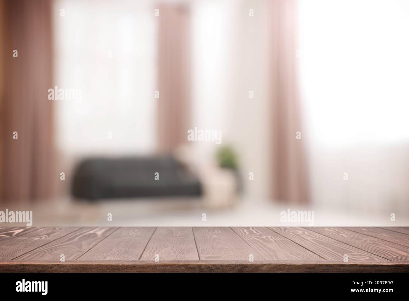 Empty wooden table against window with curtains. Space for design Stock ...