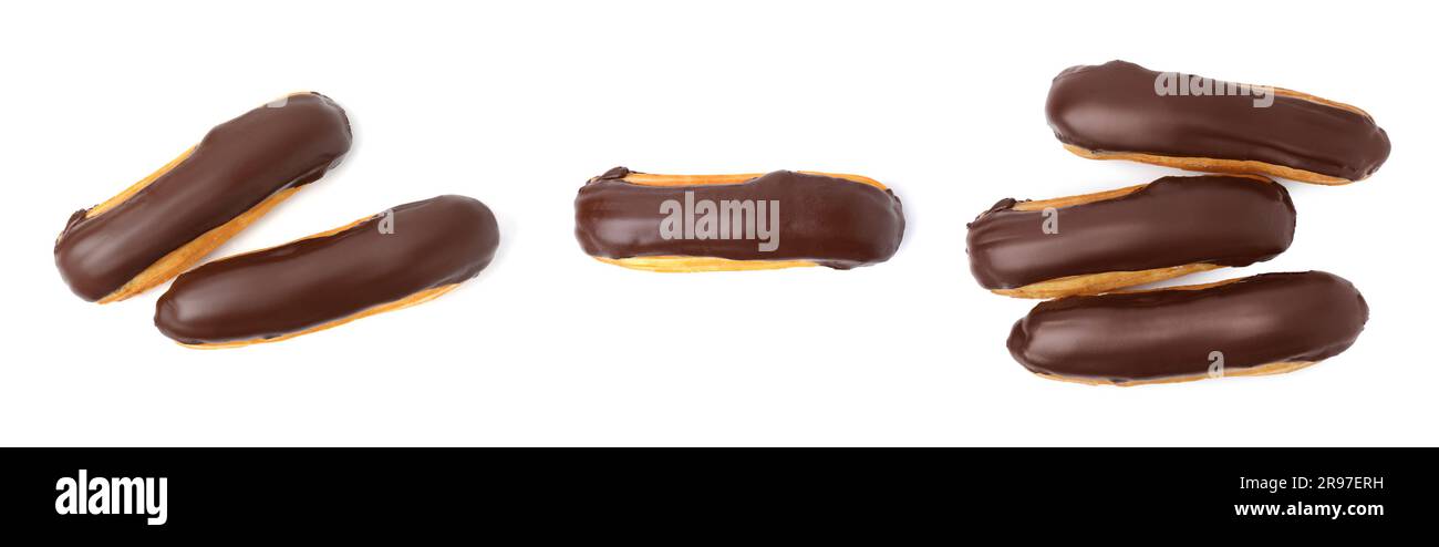 Tasty eclairs covered with chocolate on white background, top view ...