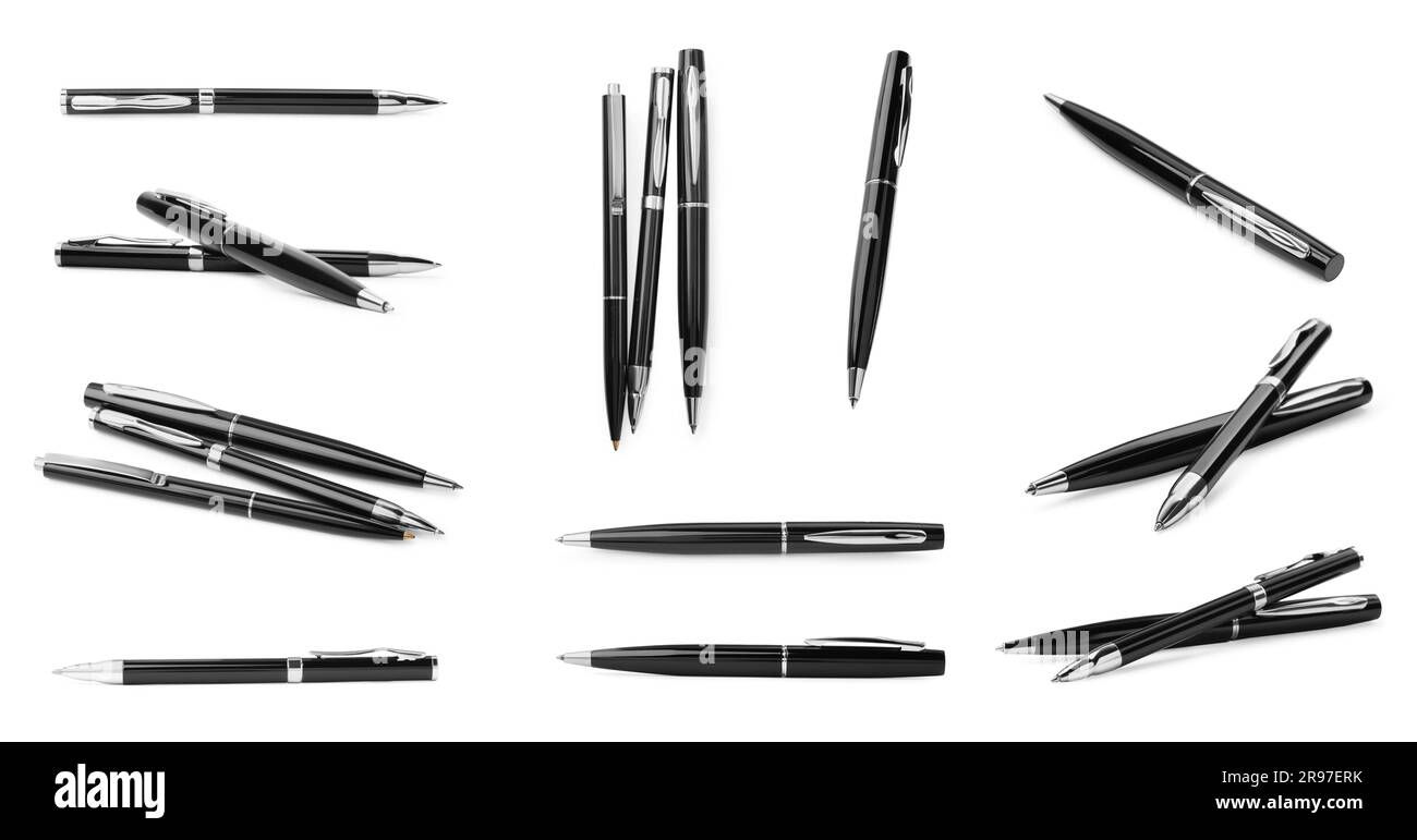 Collage with black pens on white background Stock Photo - Alamy