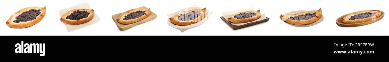 Collage of delicious sweet cottage cheese pastry with jam on white ...