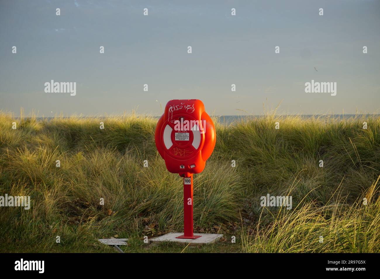 Emergency life ring at Loyola Beach at Lake Michigan, Chicago, Illinois ...