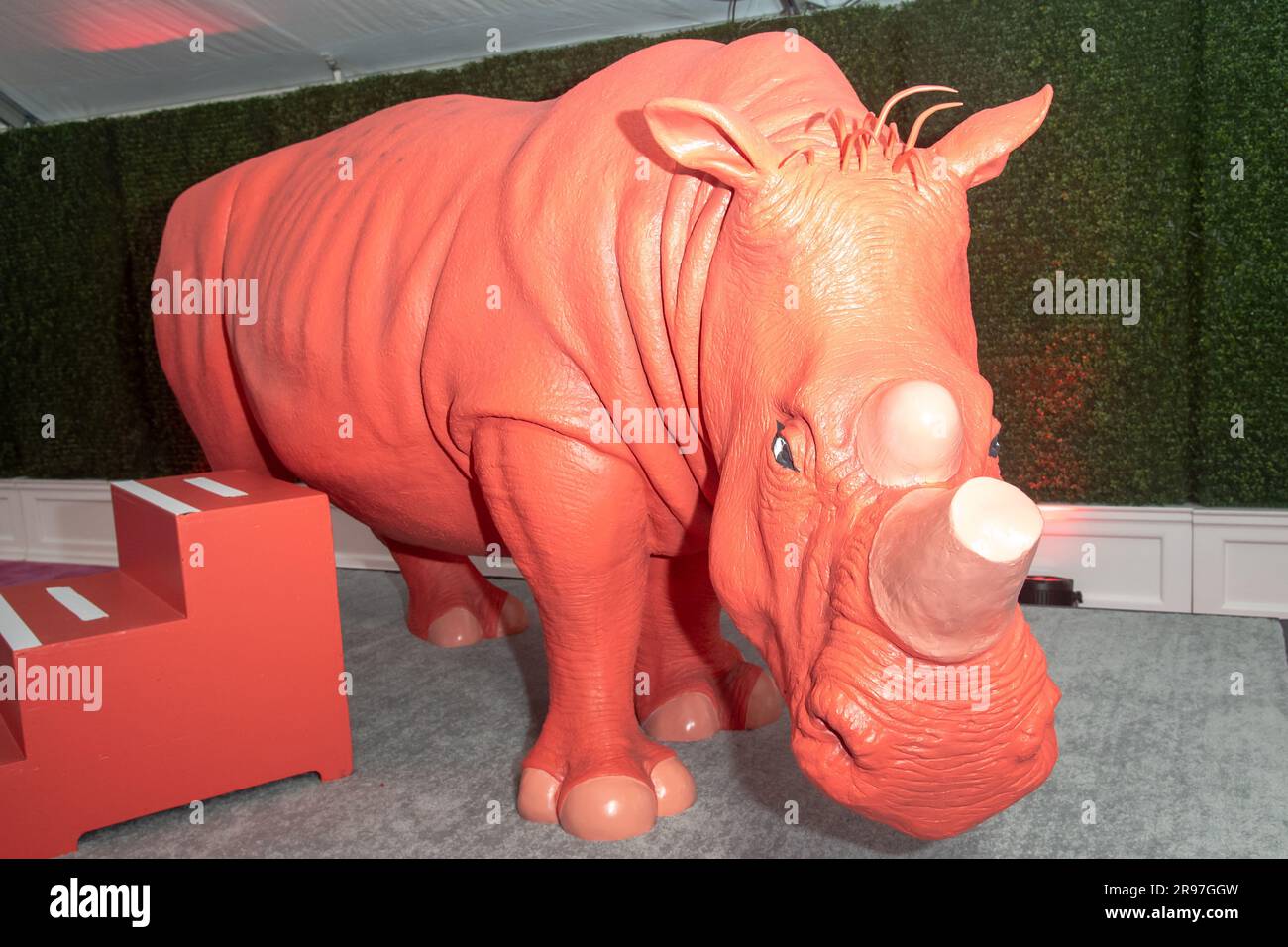 New York, USA. 24th June, 2023. A large statue of a Rhinoceros seen at ...