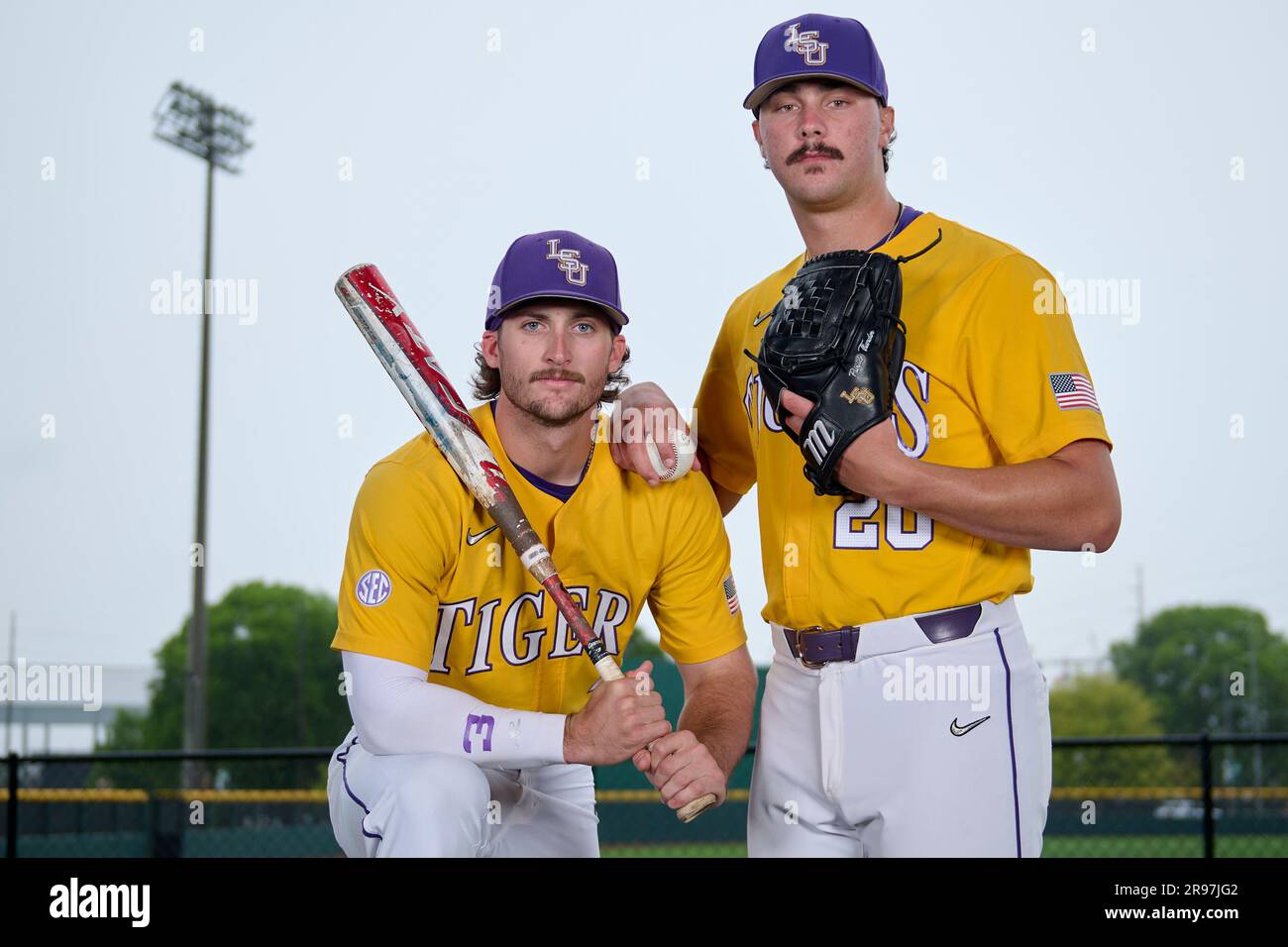 LSU Tigers outfielder Dylan Crews and pitcher Paul Skenes (20) pose for ...