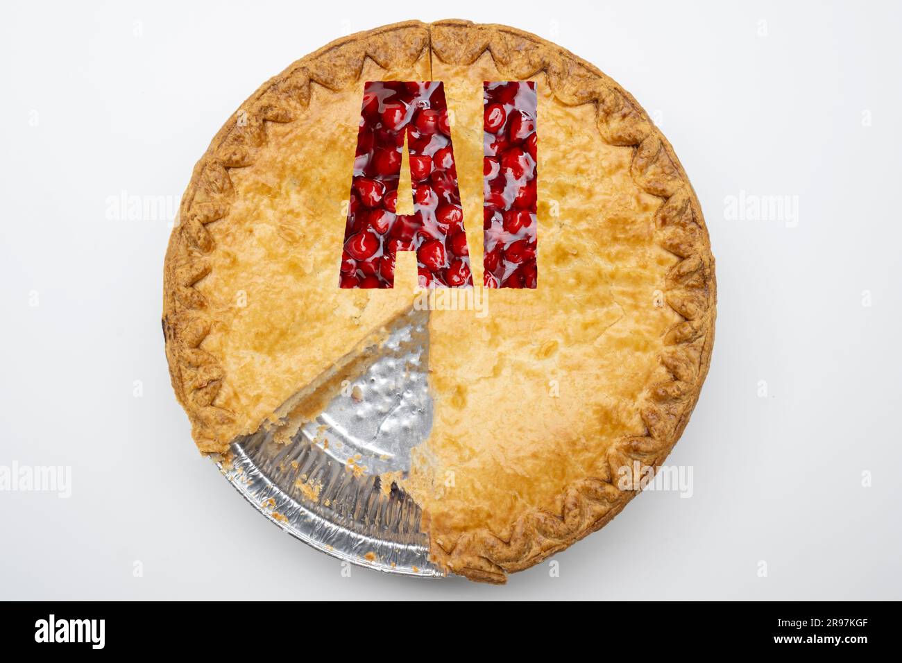 Cherry pie with a missing slice viewed in a flat lay. There is a cut ...