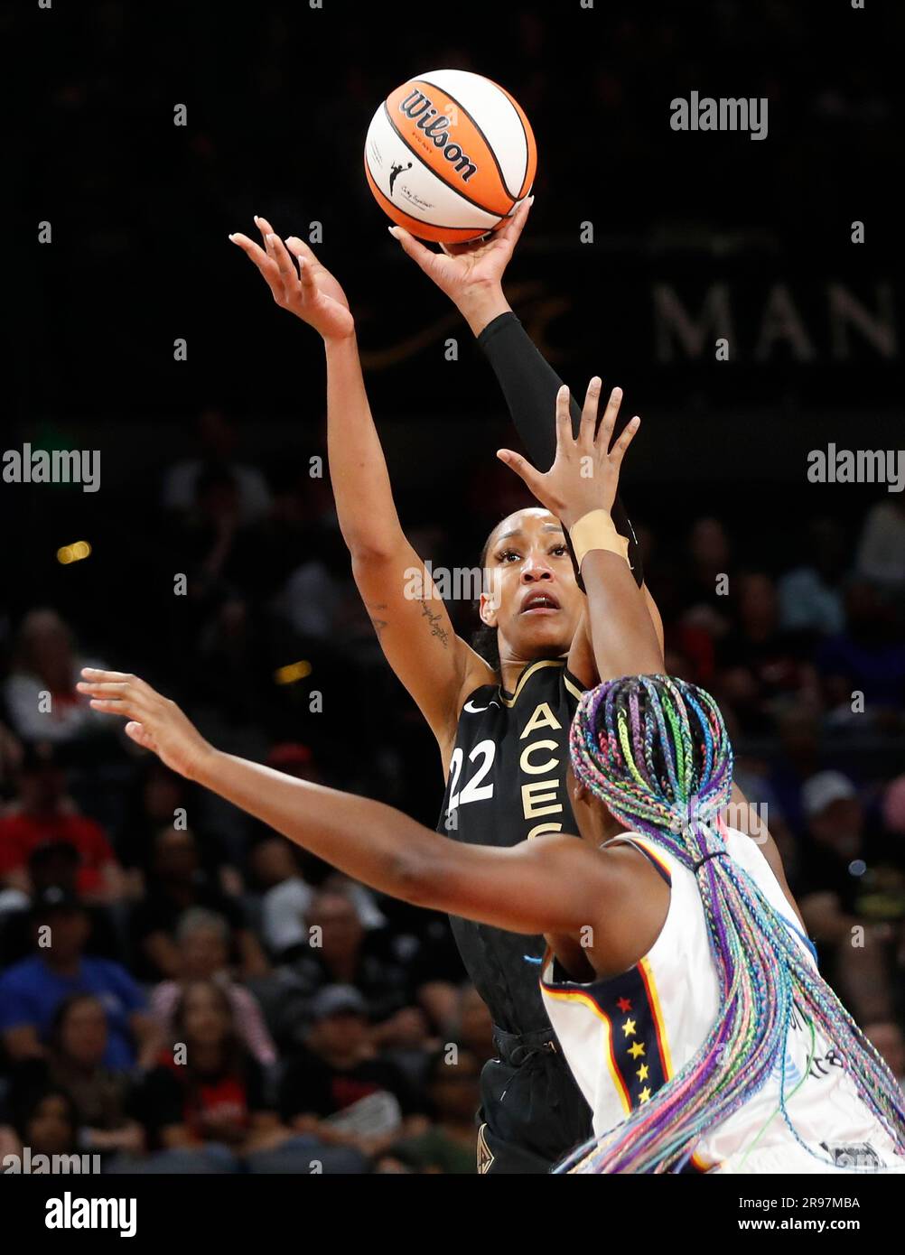 Las Vegas Aces forward A'ja Wilson (22) shoots over Indiana Fever ...