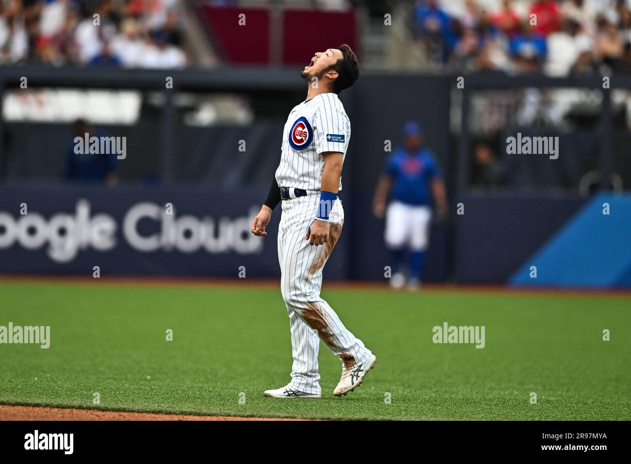 Seiya Suzuki #27 of the Chicago Cubs looks to the skies and reacts ...