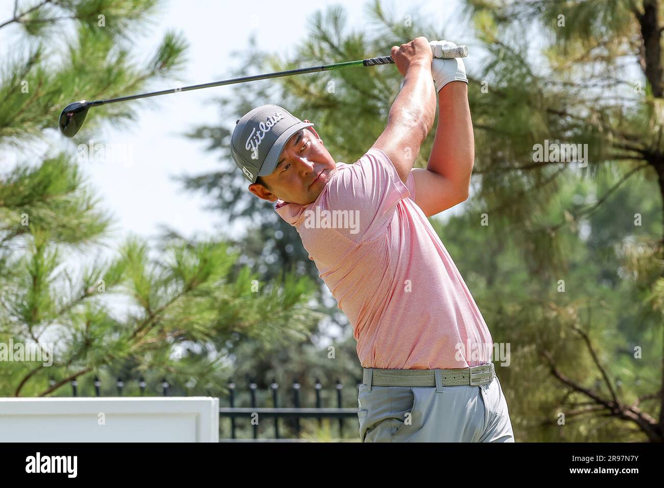 June 24, 2023: Andrew Yun hits his tee shot on the 9th tee during the ...