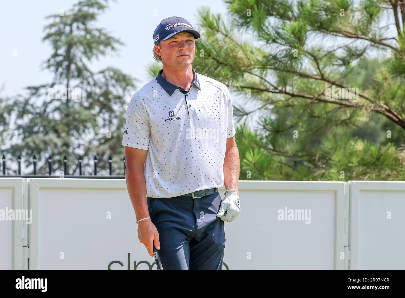 June 24, 2023: Frankie Capan III warms up for hits his tee shot during ...
