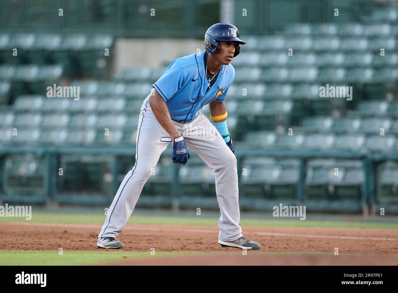 FCL Rays Angel Mateo (72) leads off during an MiLB Florida Complex League baseball game against ...