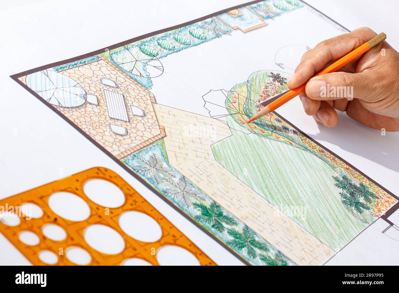 Landscape architect design L shape garden plan Stock Photo - Alamy