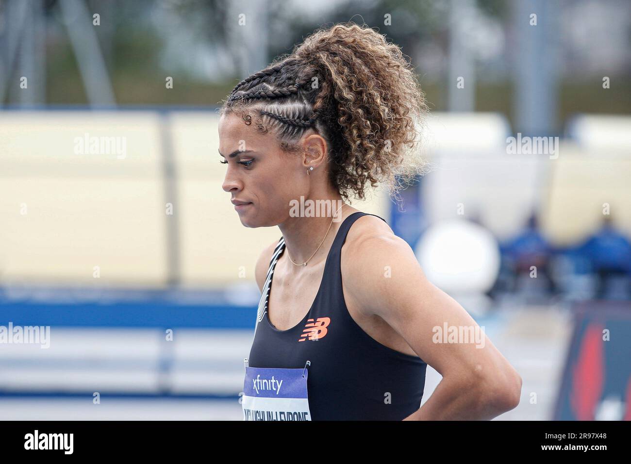 June 24, 2023: SYDNEY MCLAUGHLIN-LEVRONE (United States) looks on prior ...