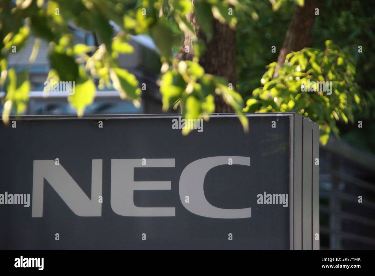 The logo of NEC Corporation is seen in Minato Ward, Tokyo on June 20 ...