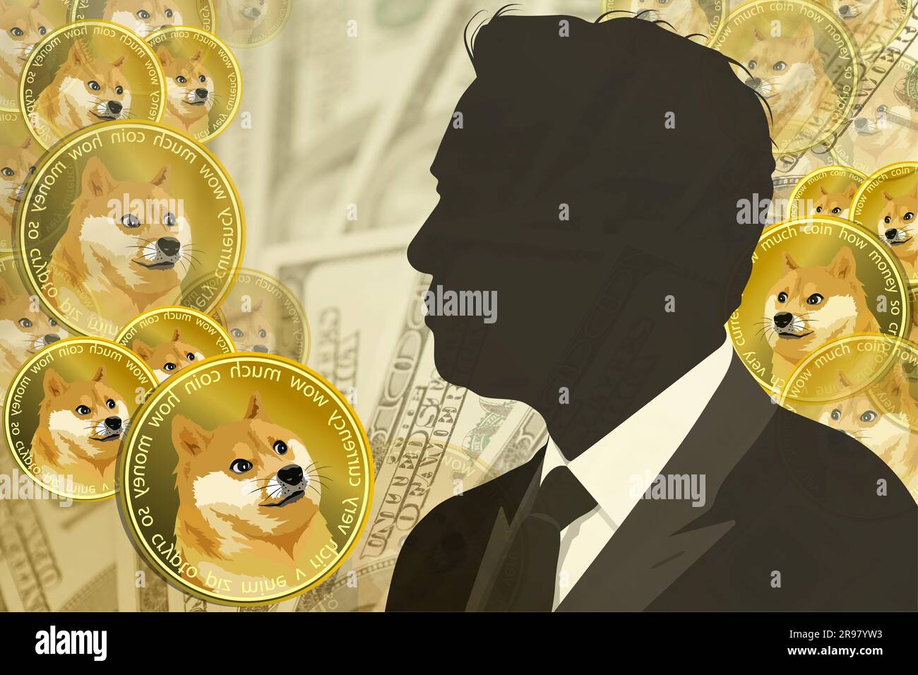Elon Musk and Dogecoin. Elon Musk in front of a hundred dollar bill and ...