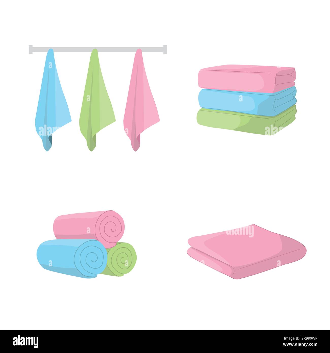 Batch cartoon towels set. Cartoon fabric towel hanging, rolled, and ...