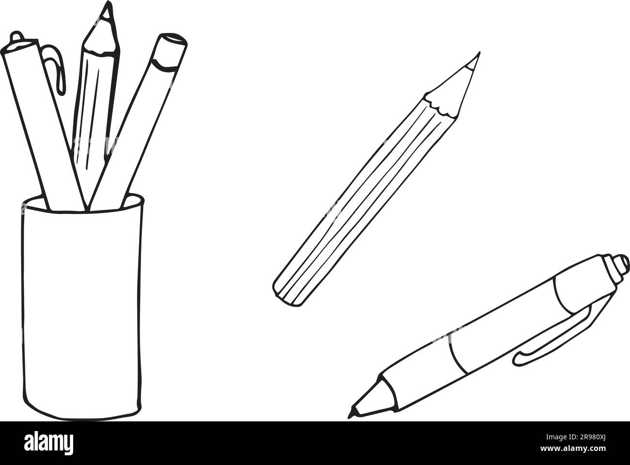 Pen case, pencil and pen, hand drawan vector illustration, isolated on ... Pen case, pencil and pen, hand drawan vector illustration, isolated on ...