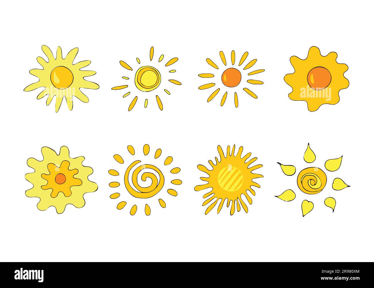 Hand drawn cartoon style suns. Set of different suns isolated on white ...