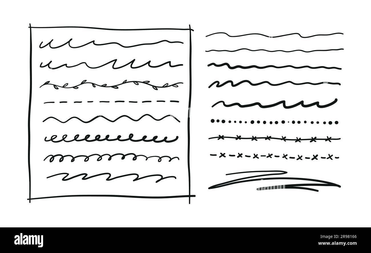 Set of decorative pen scribble lines, vector hand drawn brush stripes ...