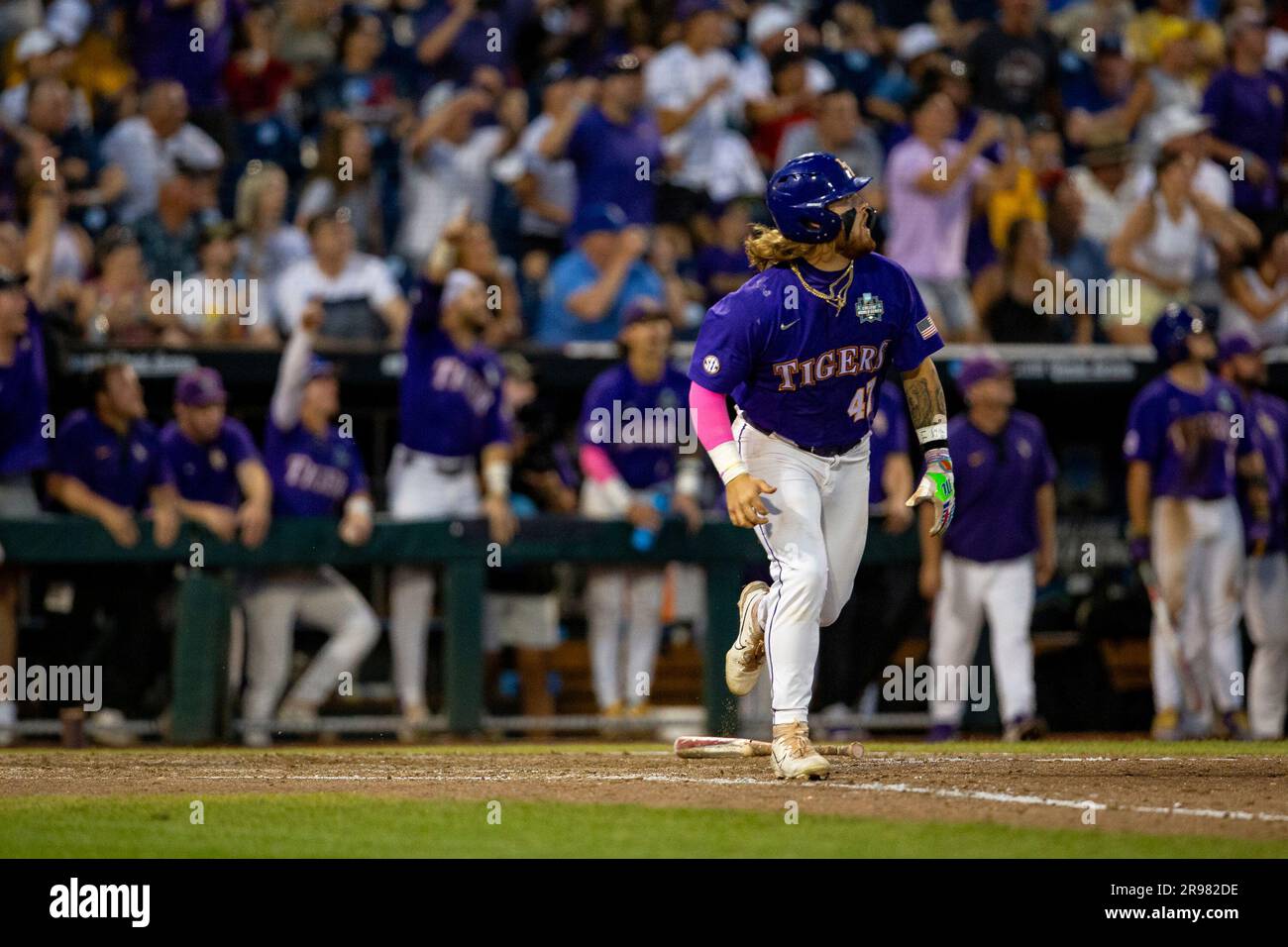 LSU batter Tommy White (47) hits a walk-off home run against Wake Forest in the eleventh inning ...
