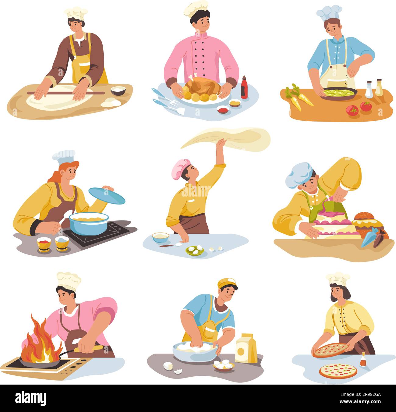 Cooking people, chefs at work preparing dishes Stock Vector Image & Art ...