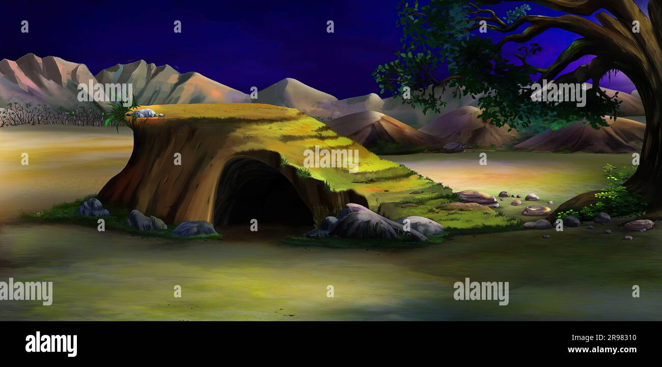Cave in the rock in the African savannah on a moonlit night. Digital ...