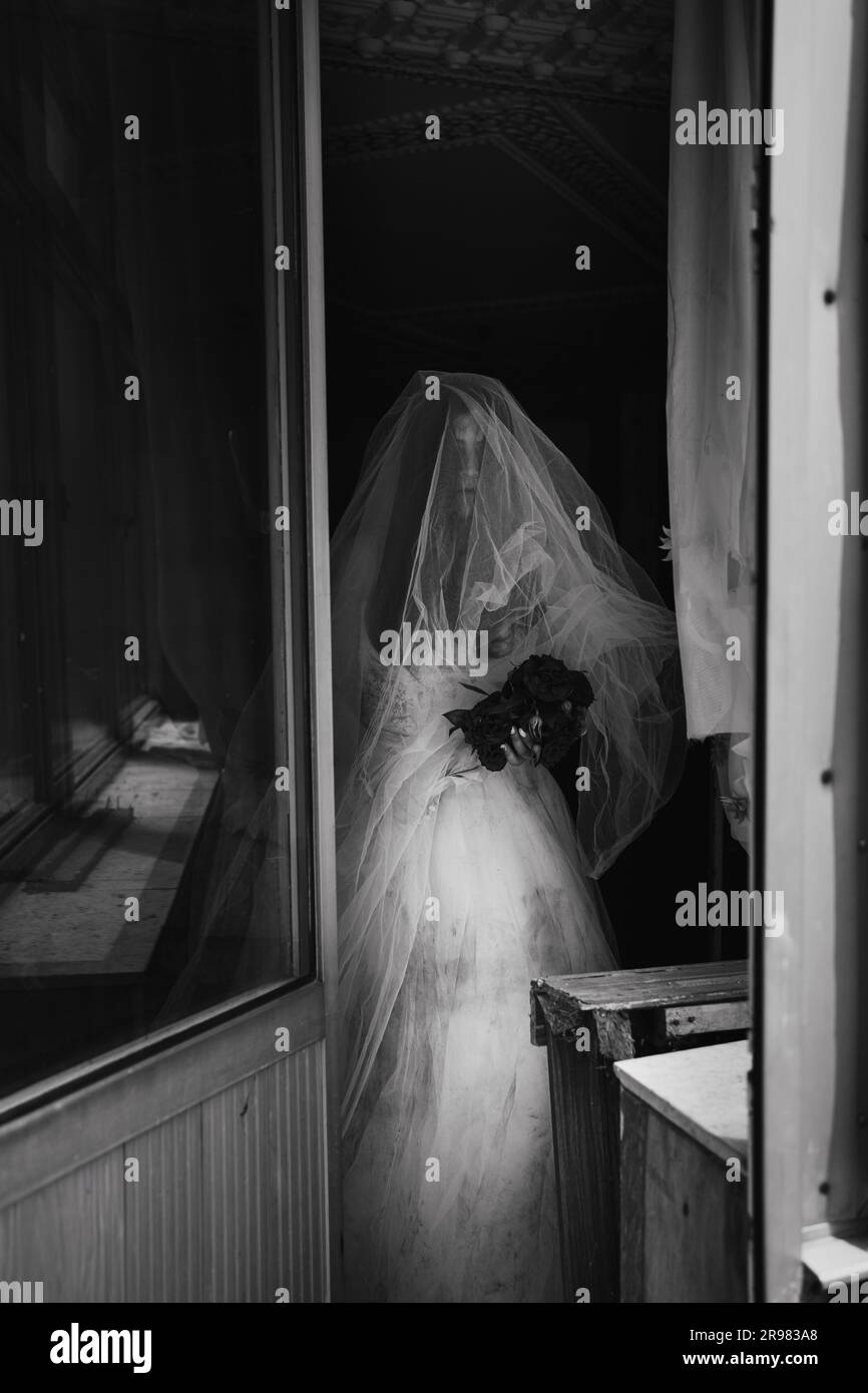 Fear night,ghost mysterious woman in white dress standing in abandon ...