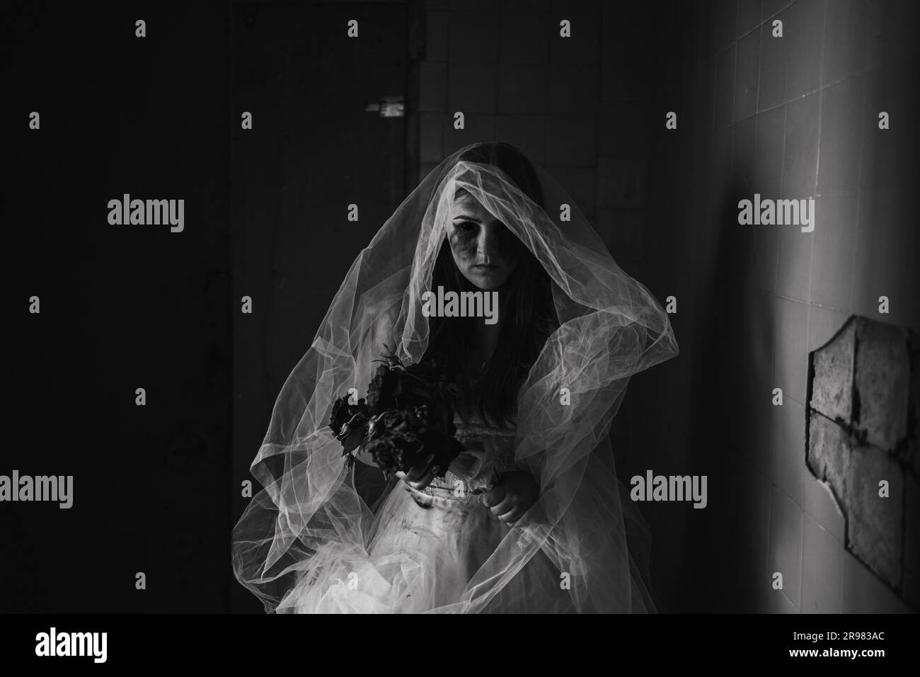 Ghost in haunted house, mysterious woman bride in white dress standing ...