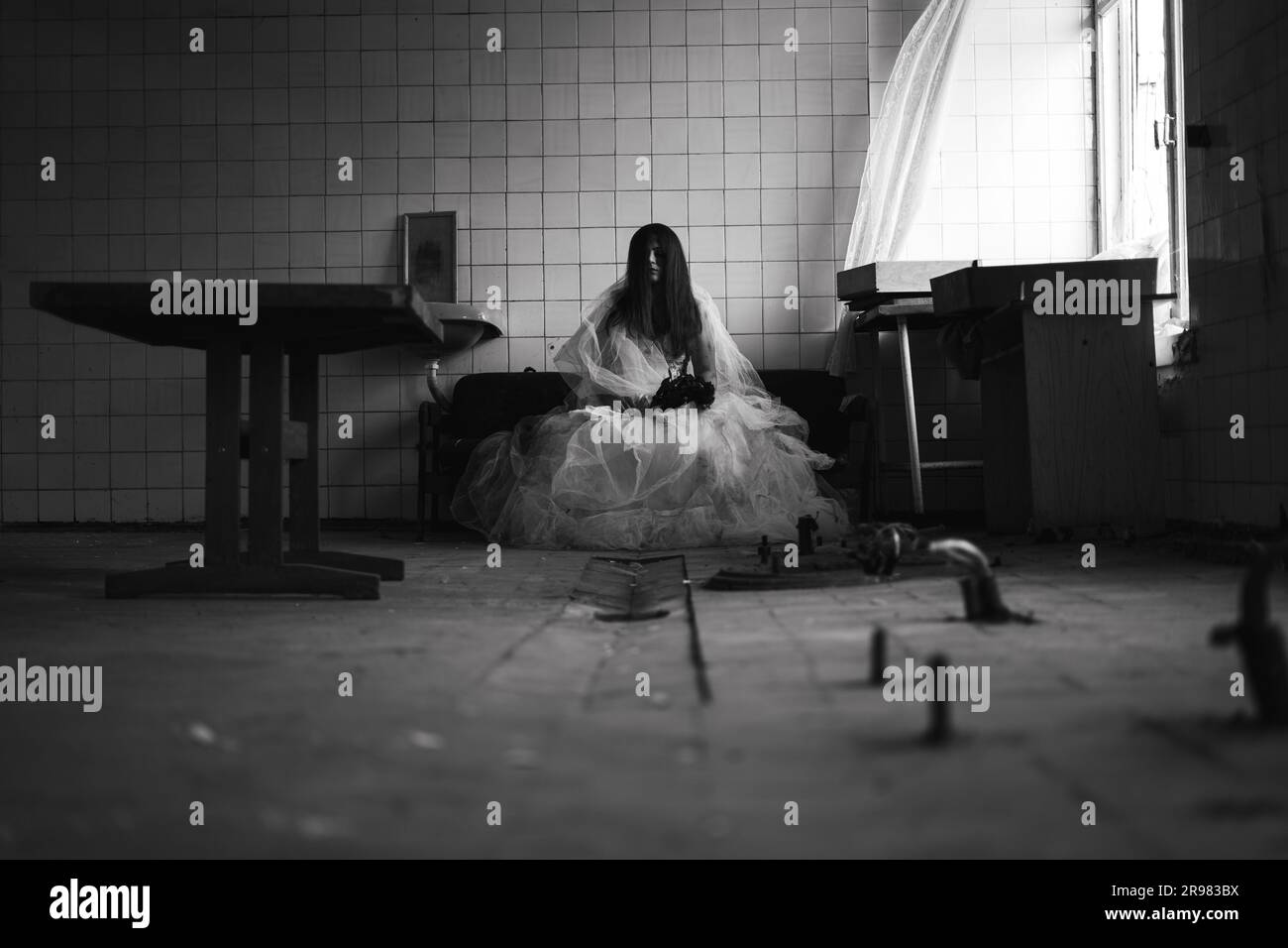 Horror scene of a scary bride in abandoned house. Horror halloween ...