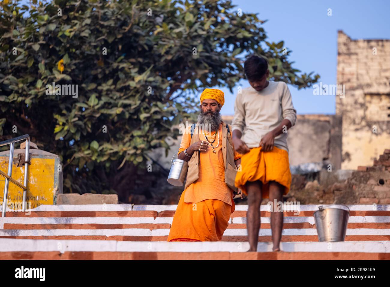 Portrait of Unidentified Indian holy sadhu male sittings at kedar ghat ...