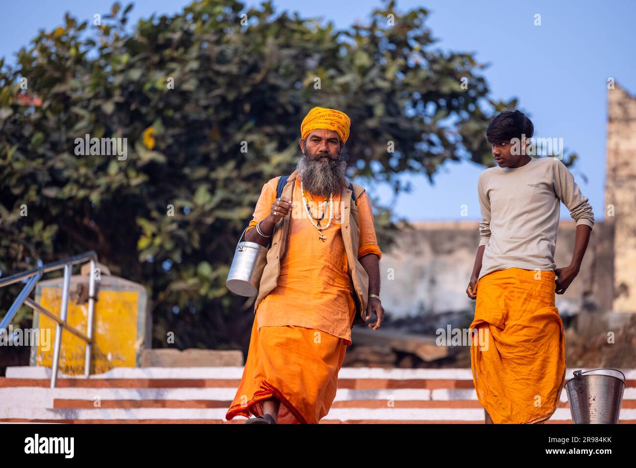 Portrait of Unidentified Indian holy sadhu male sittings at kedar ghat ...
